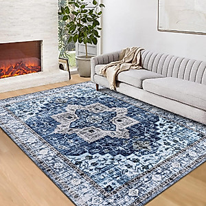 MilleLoom 10x13 Area Rugs, Stain Resistant Washable Rugs with Non-Slip Backing, Large Rugs for Living Room, Bedroom - Soft & Low Pile Vintage Area Rug,Blue