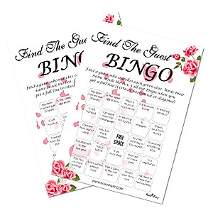 Floral Roses Find The Guest Bingo Game, Wedding, Bridal Shower, Bachelorette or Engagement Party Game, Event Activities Play Pack of 50 Cards 5”x7” Made in USA