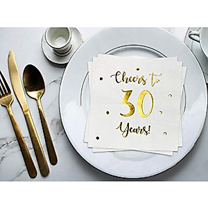 Cheers to 30 Years Cocktail Napkins | Happy 30th Birthday Decorations for Men and Women and Wedding Anniversary Party Decorations | 50-Pack 3-Ply Napkins | 5 x 5 inch folded (White)