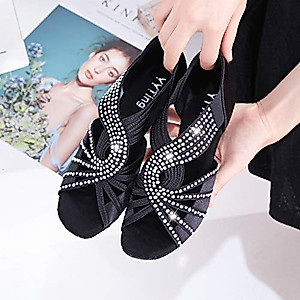YYTing Half Rhinestones Ballroom Dance Shoes Women Latin Salsa Practice Wedding Indoor Crystals Footwear 2.5in Heels YT05(7,Black)