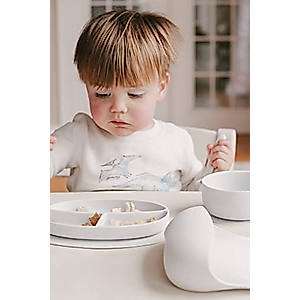 Ullabelle Suction 7 Pc Baby Feeding Set -BPA Free, 100% Food Grade Silicone- Microwave & Dishwasher Safe- 2 Silicone Bibs, 1 Suction Divided Toddler Plate, 1 Suction Bowl w/ Lid & 2 Spoons (Grey)