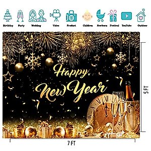 CYLYH 7x5FT New Year Backdrop 2024 Happy New Year Backdrop Golden Particles Bokeh Backdrop Black and Gold Photography Background 2024 New Year Party Backdrops for Photography