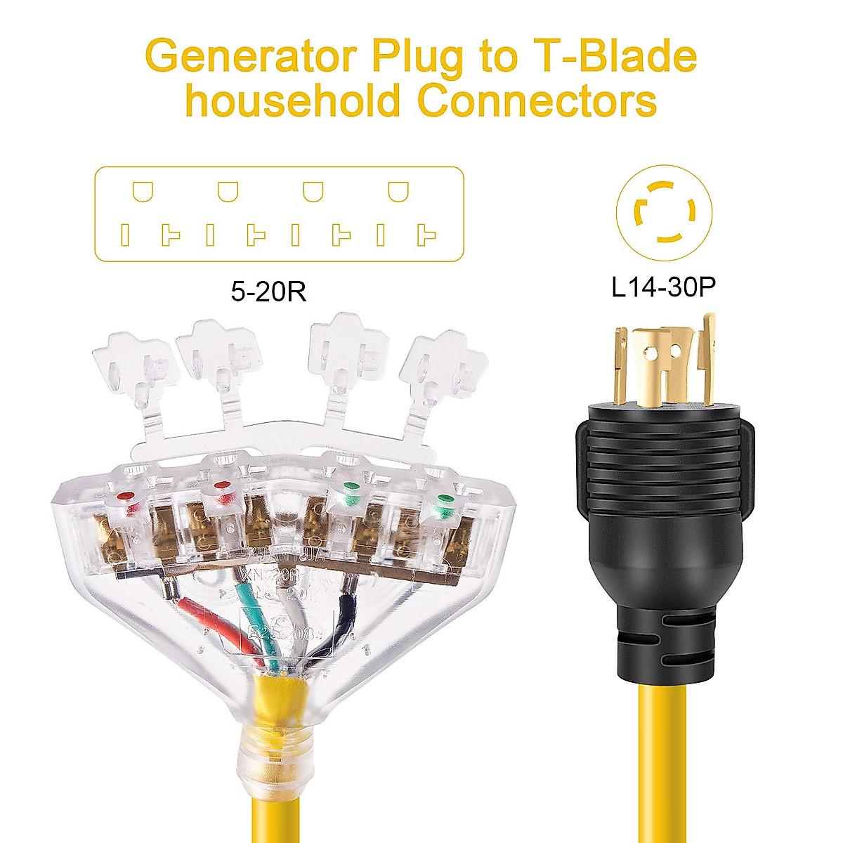 Rophor 30 Amp to 110 Adapter Generator Power Cord, 4 Prong 30 Amp to 15 Amp Generator Adapter, Nema L14-30P Male to 4X 5-20R Female with Dust Protection Caps, 1.5 FT