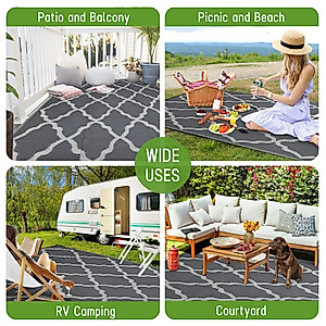 Easy-Going Reversible Outdoor Rugs 6x9ft Waterproof Plastic Straw Rug Stain & UV Resistant Floor Mat for Patio Porch RV Backyard Pool Deck Picnic Beach Trailer Camping (Moroccan Grey & Light Grey)