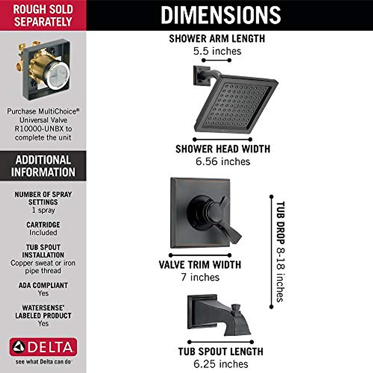 Delta Faucet Dryden 17 Series Dual-Function Tub and Shower Trim Kit with Single-Spray Touch-Clean Shower Head, Venetian Bronze, 2.0 GPM Water Flow, T17451-RB-WE (Valve Not Included)