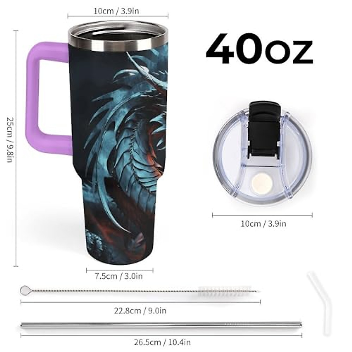 LLUTSNTH 40 Oz Vacuum Tumbler with Violet Handle Leakproof Insulated Tumbler Dragon Stainless Steel Travel Mug with Lid And Straw Coffee Cup Cute Water Bottles Cup Holder Friendly
