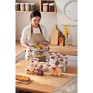 MSM Products Crystal Clear Transparent Food Storage Containers, BPA-Free, Glass Clear Plastic, 12 pieces set (6 lids and 6 containers). Total set capacity 10 LITERS. RED color 4 sides clip lock.