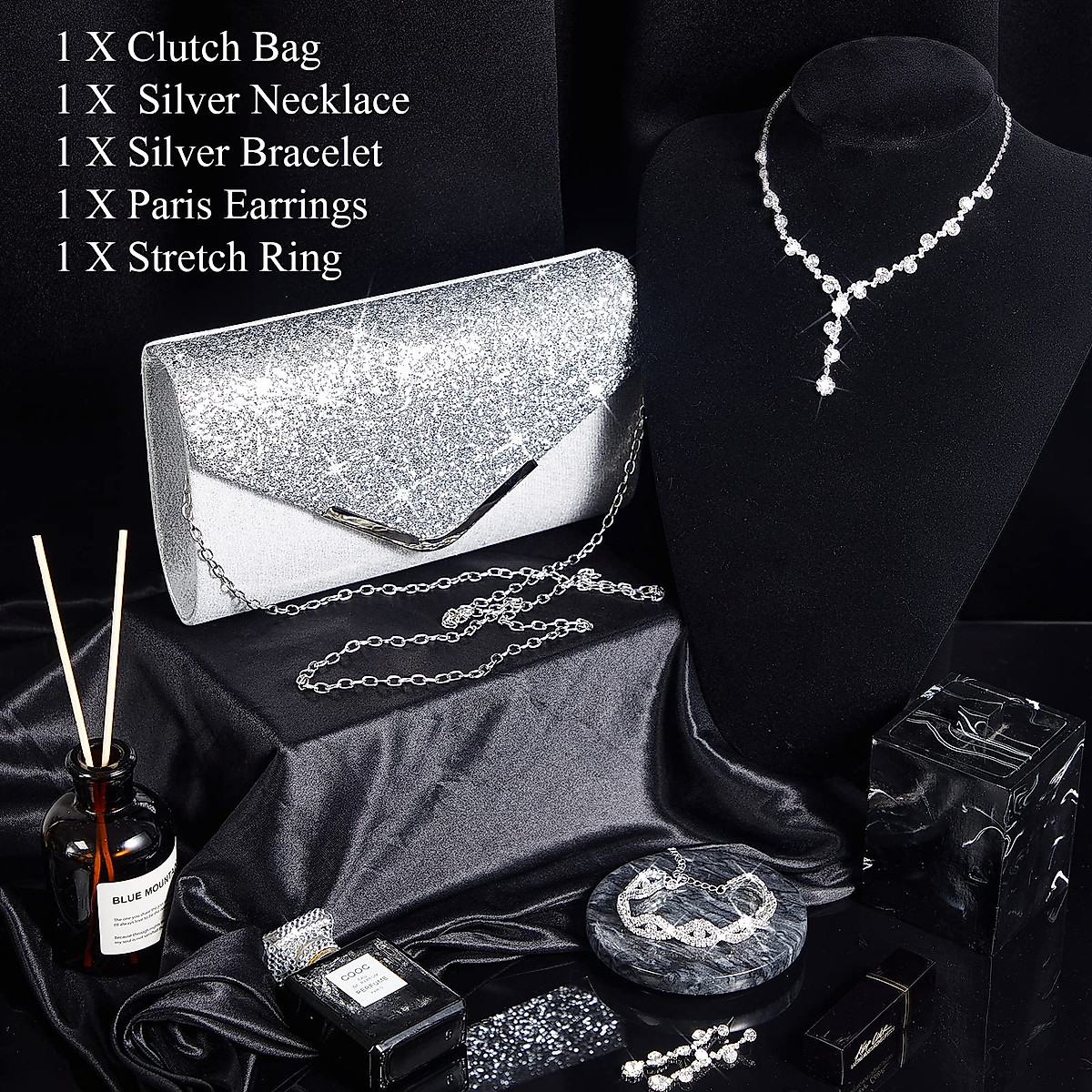 Henoyso 5 Pcs Purse Rhinestone Jewelry Set Rhinestone Clutch Purse Bride Prom Jewelry Necklace Earrings Bracelets for Women(Silver)