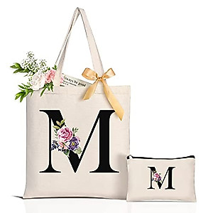 AUNOOL Personalized Initial Canvas Tote Bag Makeup Bag for Women, Monogrammed Gifts for Women Teacher Bridesmaid, Reusable Grocery Bags for Wedding Holiday Shopping Travel Letter M