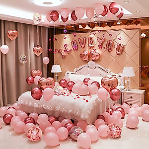 CAKKA Valentines Day Balloons Kit, 101 Pack Rose Gold Pink Heart Balloons with Rose Petals, I Love You Balloons for Anniversary Mothers Day Wedding Romantic Decorations Special Night