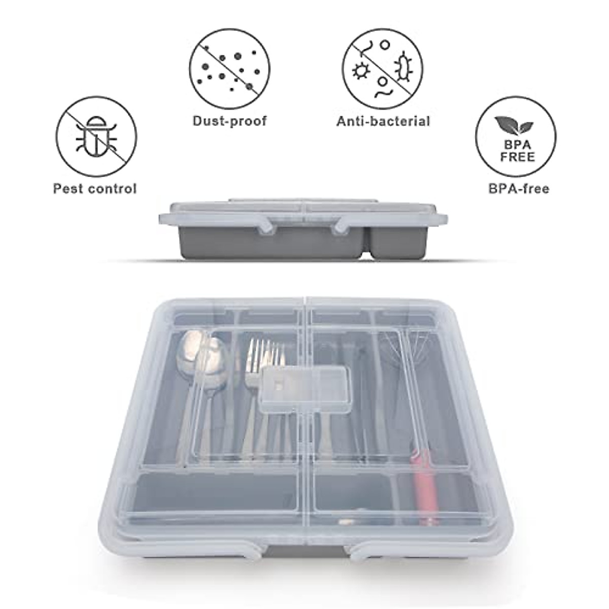 YICOCHI Portable Utensil Holder for Countertop with Lid & Handle, Plastic Silverware Tray for Drawer Flatware Organizer, Gray