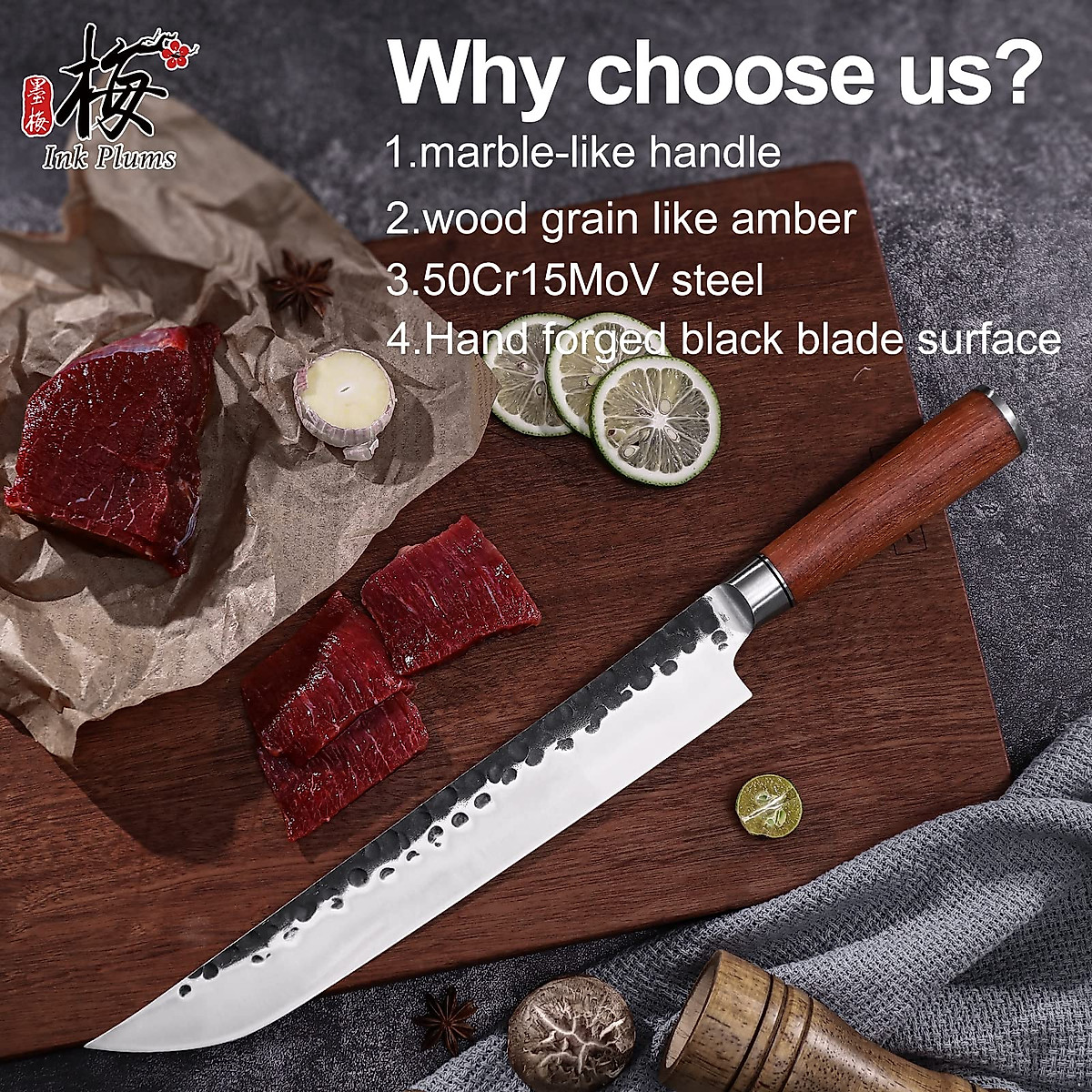 Ink Plums 10.5 Inch Carving Knife, Hand Forged Japanese Butcher Knife For Meat Cuting,Trusted Victorinox Butcher Knife For BBQ,Outdoor Camping