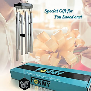 Fonmy Wind Chimes Outdoor w/Butterfly Sign Memorial Windchimes Great Wind Chime Gifts Soothing Melodic Tones & Bamboo/Aluminum Chime for Garden Home or Yard-31 Length Silver Chimes Hanging Decor.