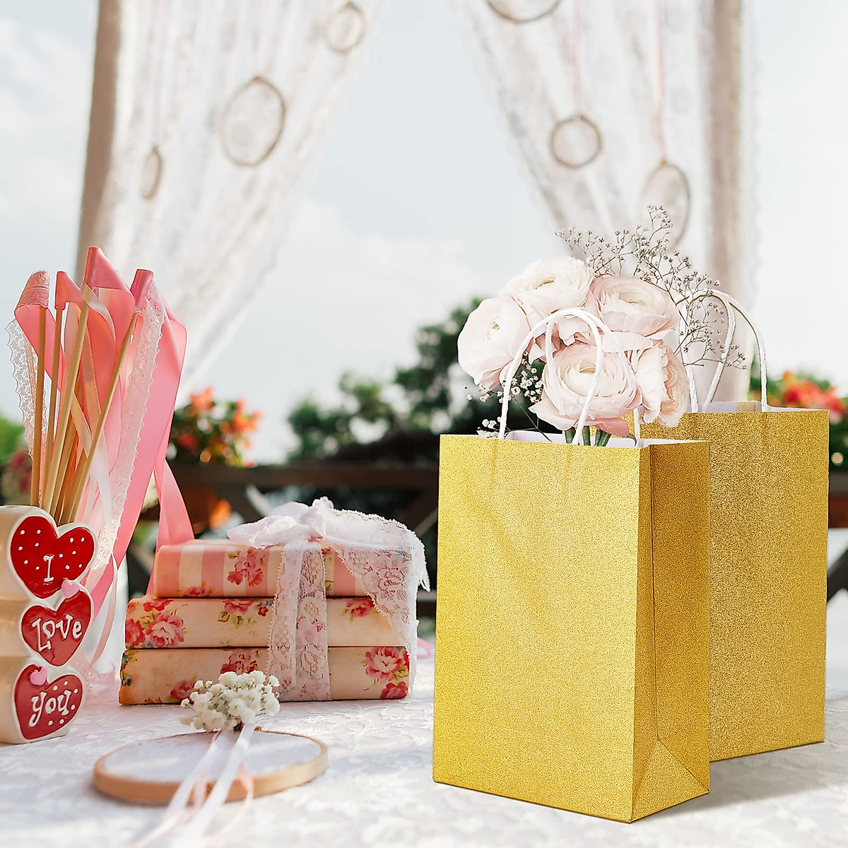 60 Pcs Small Gift Bags Valentines Day Paper Gift Bags Glitter Kraft Bag Reusable Gift Bag with Handle Bridal Shower Favor Bags Bulk Goodie Bags for Wedding, Birthday, Bridesmaids,8.2*5.9*3.1 (Gold)