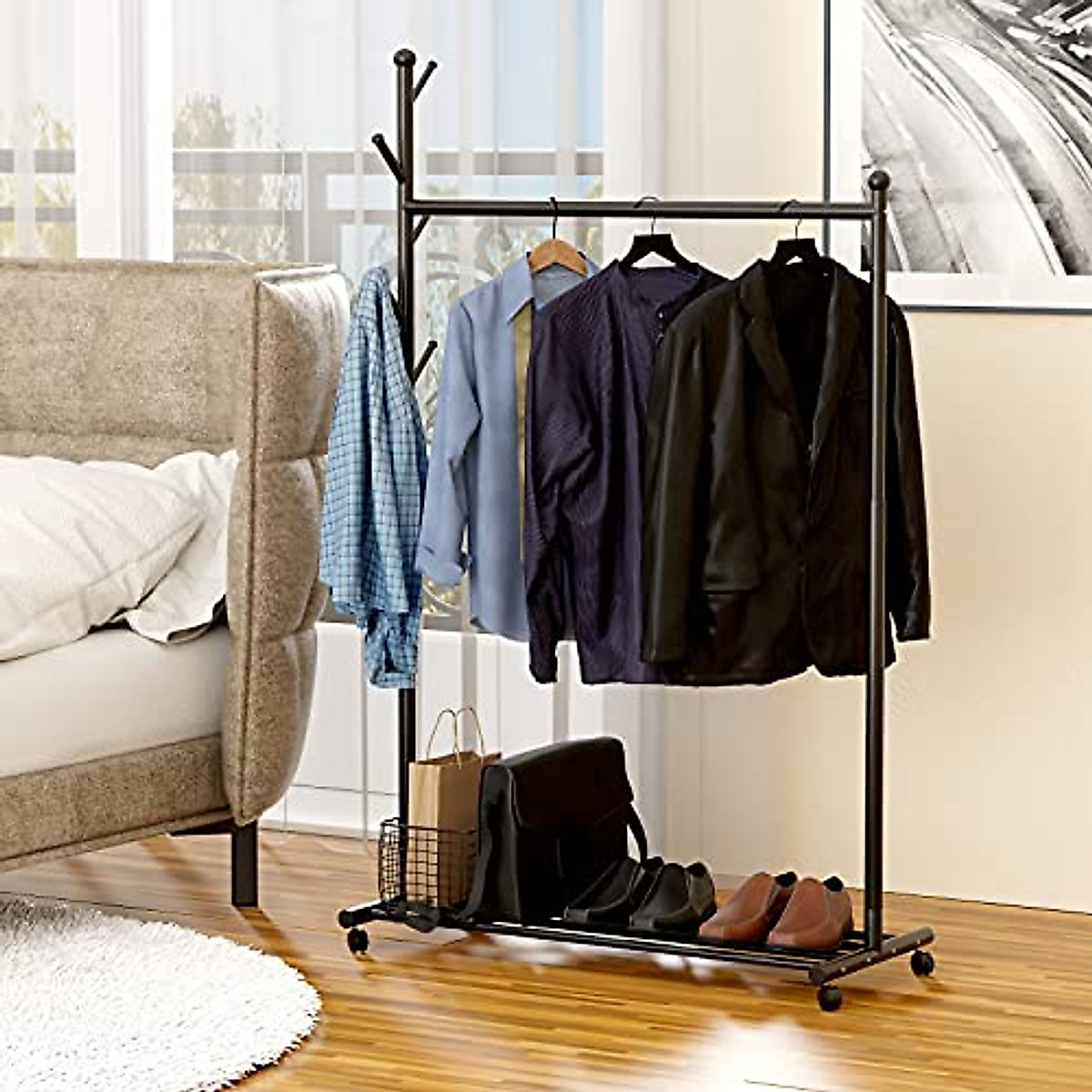 EKNITEY Clothes Garment Rack Portable - Rolling Clothing Organizer Rack on Wheels with Bottom Shelves (Black)