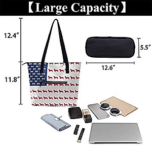 Tote-Handbag Gift for Women, Hobo Shoulder Tote Bags Travel Weekender Bag Shopper Handbag Leather Large Capacity Top Handle Satchel Daily Purse (Dachshund American Flag)