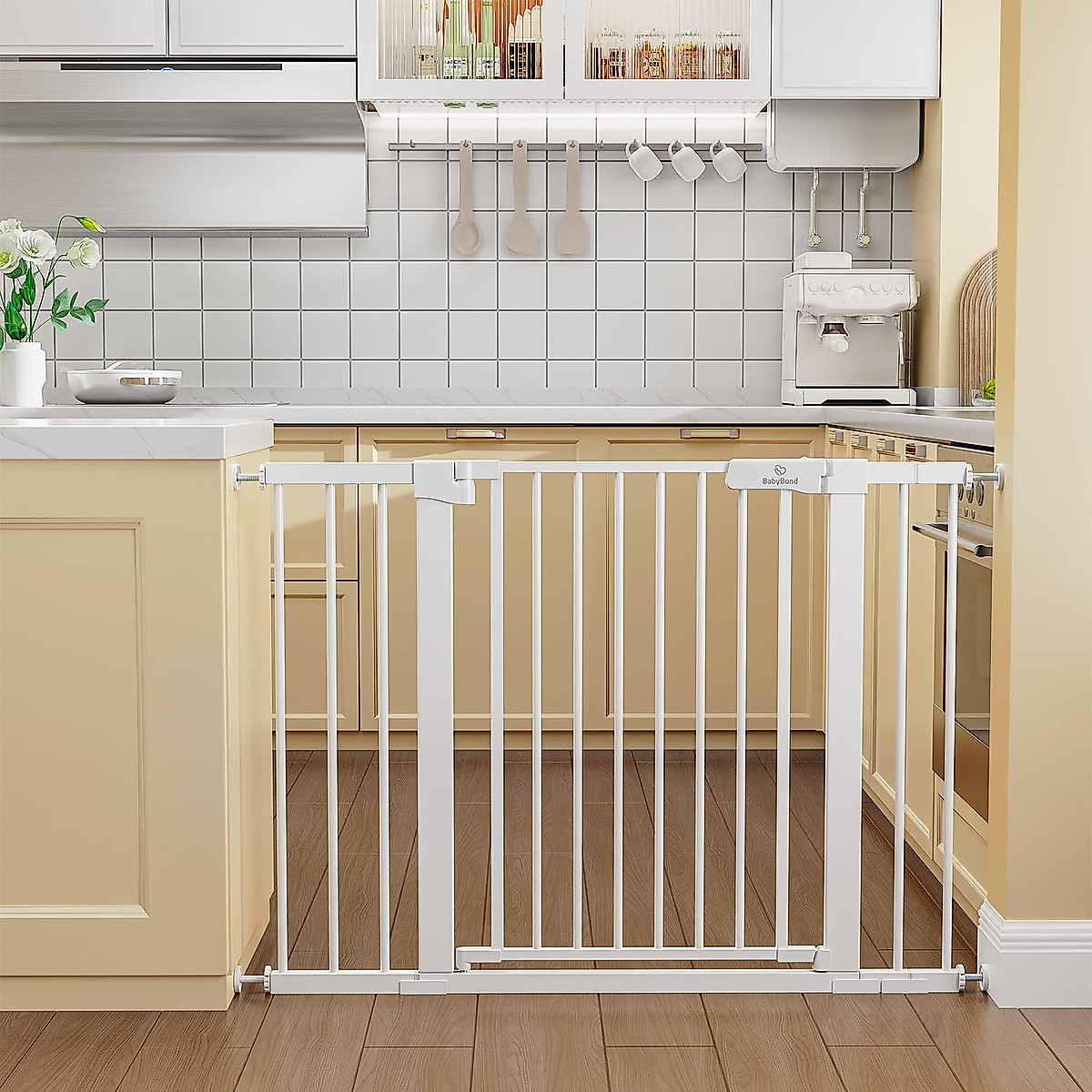 BabyBond 27-43" Easy Install Baby Gate for Stairs, Extra Wide Baby Gates for Doorway, Auto Close Safety Dog Gate, with Extenders and Pressure/Hardware Mounting Kit, White