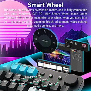 i-rocks K73M Mechanical Gaming Keyboard with Media Control Knob, 107 Keys, PBT Keycaps, Multimedia Hotkeys, Detachable USB-C Cable (Cherry MX Brown Switches, Cyberpunk Blue)