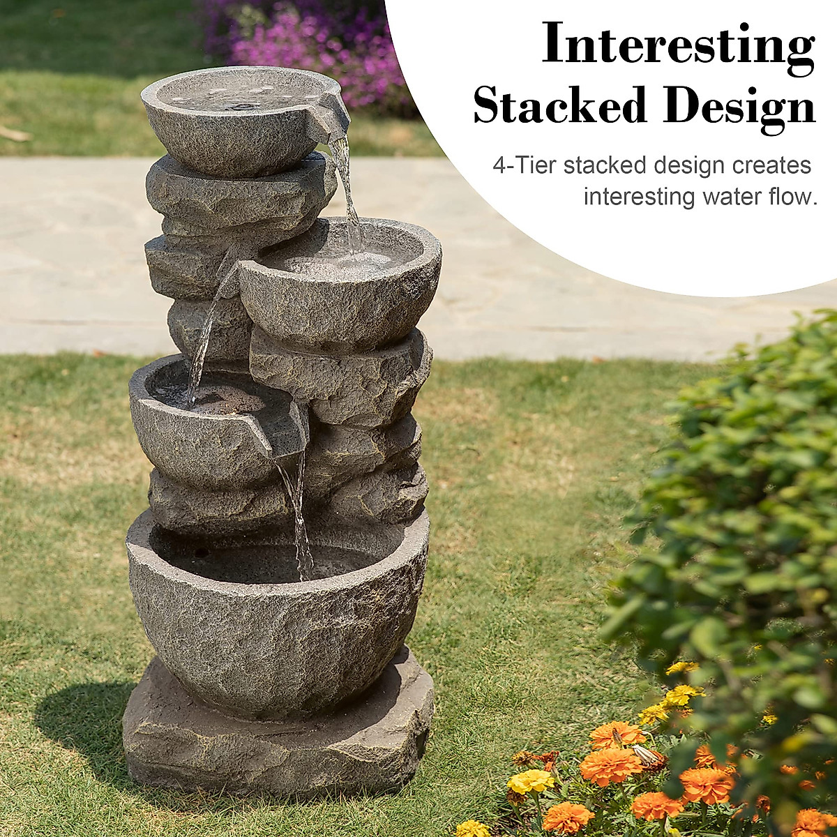 Glitzhome GH11246 Polyresin Stone 4-Tiered Bowls Fountain with LED Lights Outdoor Decorative Water Feature, 32.25" H, Gray