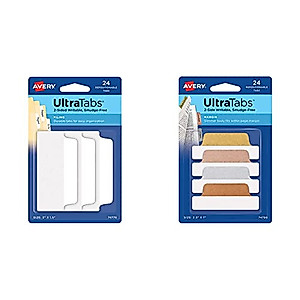 Avery Ultra Tabs, 3" x 1.5", 2-Side Writable, White, 24 Repositionable Filing Tabs (74776) & Margin Ultra Tabs, 2.5" x 1", 2-Side Writable, Assorted Metallic, 24 Repositionable Page Tabs (74786)