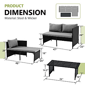 Olaterior 3 Piece Patio Furniture Set, Outdoor Sectional Sofa, All-Weather Black PE Wicker Rattan Patio Conversation Set with Cushion & Coffee Table, Modern Outdoor Couch for Lawn Porch Backyard, Grey