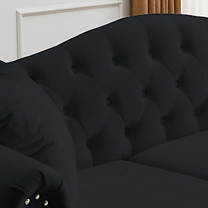 Chesterfield Sofa Velvet for Living Room, Lounge Sofa Tufted Couch with Rolled Arms and Nailhead for Living Room, Bedroom, Office, Apartment (Black, 2-Seater)