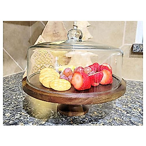 JOEY'Z Large Cake Stand with Glass Dome Cover Lid 11.5" Acaciawood Pedestal Stand Round Wood Server / Cake Holder / Wood Cake Stand with Dome
