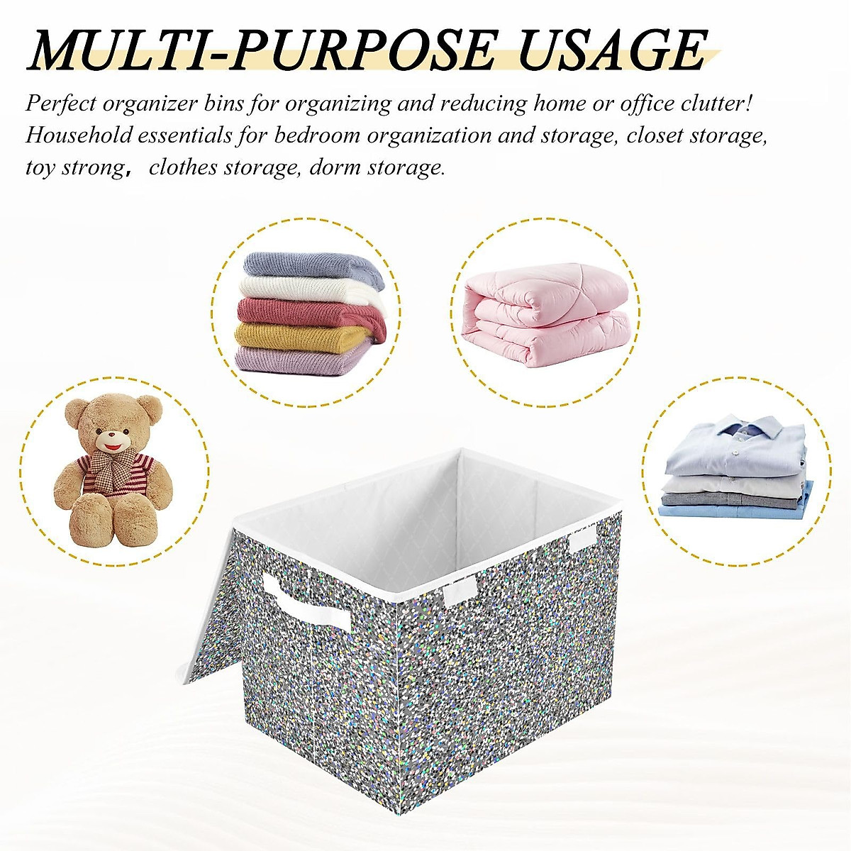 VIGTRO Silver Glitter Rainbow Sparkles Storage Bins with Lids Foldable Storage Boxes with 2 Handles, Bling Decorative Storage Basket Collapsible for Clothes Books