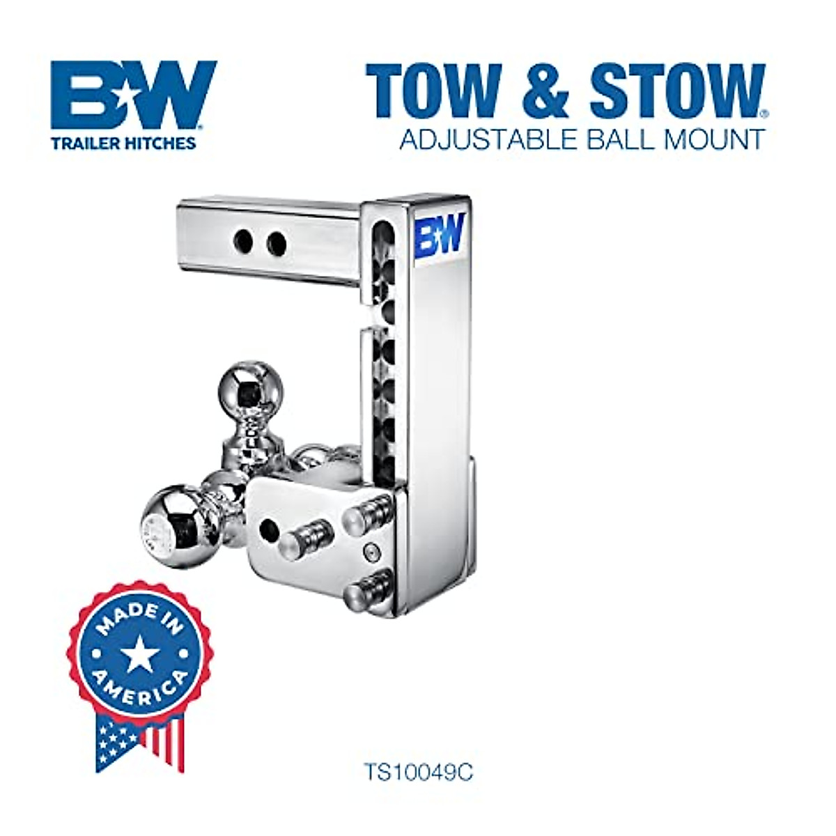 B&W Trailer Hitches Chrome Tow & Stow Adjustable Trailer Hitch Ball Mount - Fits 2" Receiver, Tri-Ball (1-7/8" x 2" x 2-5/16"), 7" Drop, 10,000 GTW - TS10049C