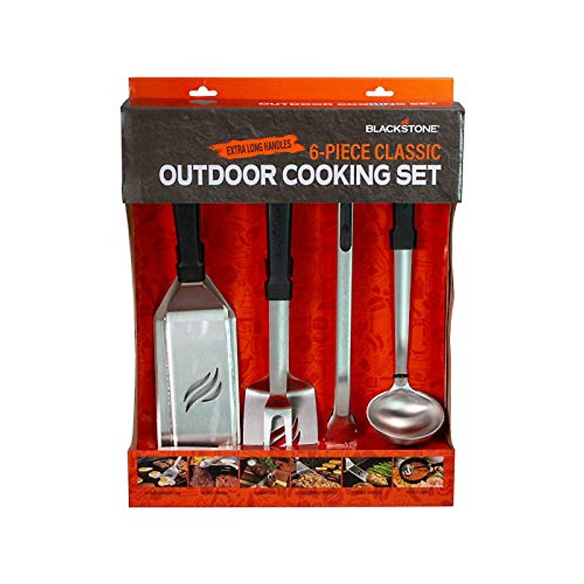 Blackstone 5051 Griddle Accessories Set Heat Resistant 6 Piece Stainless Steel Outdoor Indoor Grilling Utensils Hibachi Tools Kit-16, 16 Inch Tongs, Fork, 16” Ladle, 2 Extra-Long Spatula