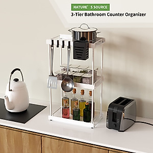 NATURE'S SOURCE 3 Tier Iron Bathroom Organizer Countertop with Hair Dryer Holder, Detachable Cups and Hooks- Makeup Organizer Perfume for Dresser Vanity Tray, Spice Rack Organizer for Kitchen (White)