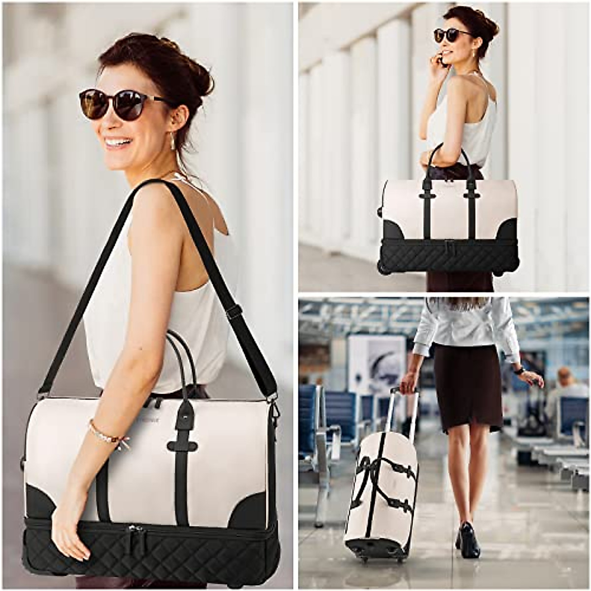 ETRONIK Rolling Duffle Bag with Wheels, 21 Inch Flight Approved for Travel Toiletry Bag, Carry on Luggage Overnight Bags Women Shoe Compartment, Beige