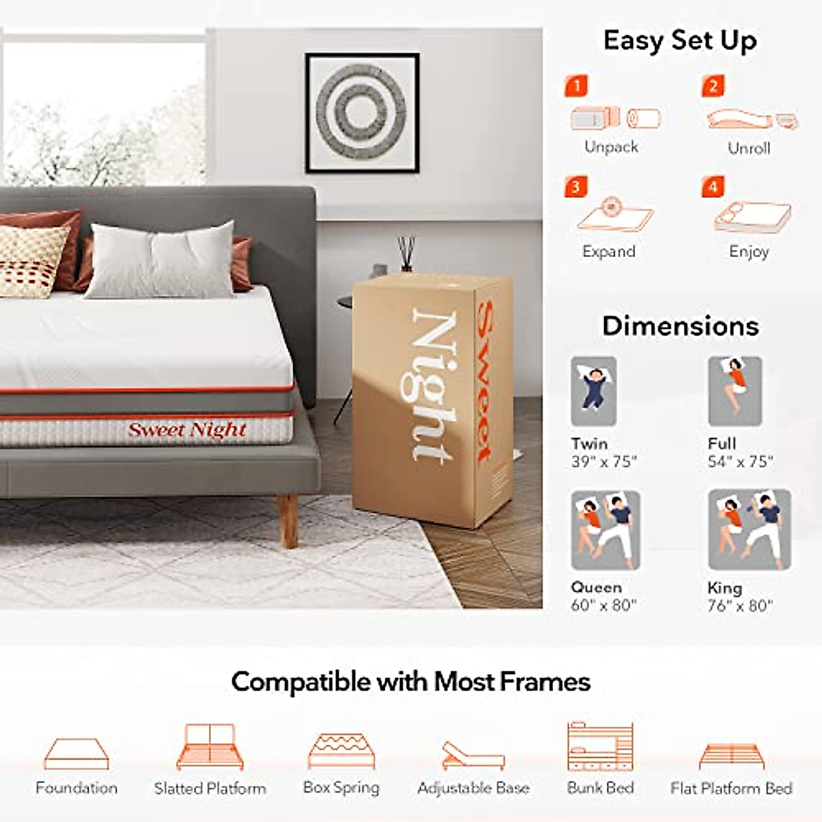 Sweetnight King Mattress, 12 Inch Gel Memory Foam Mattress in a Box for Cooling Sleep, Flippable Mattress with Two Firmness Preference, Pressure Relieving, CertiPUR-US Certified, Gray and White