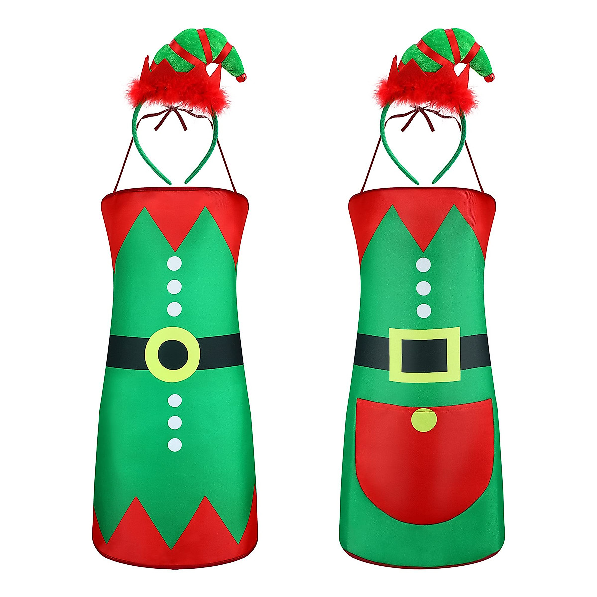 SATINIOR 4 Pieces Christmas Elf Apron and Santa Elf Hat Headbands Cute Kitchen Cooking Aprons Christmas Costume Accessories for Fancy Dress Party Thanksgiving Day Multicolor