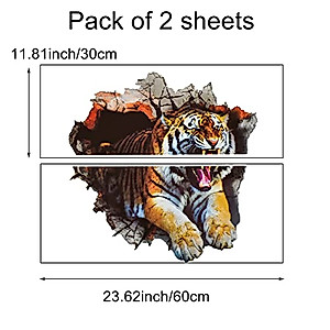 Pinenjoy 3D Tiger Wall Decal Smashed Wild Animal Wall Sticker 23.62x23.62inch Removable Self-Adhesive Vinyl Jungle Animal Wall Mural for Nursery Playroom Kids Room Bedroom Wall Decors