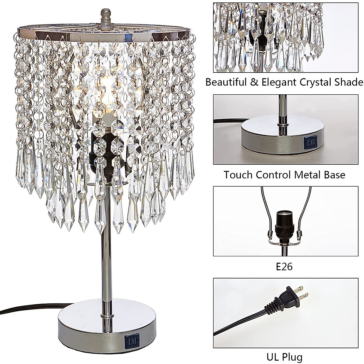 Popity home Crystal Table Lamp with Touch Control,Silver Lamp with Dual USB Charging Ports, 3 Way Dimmable Small Glam Lamp for Girls Bedroom, Living Room…