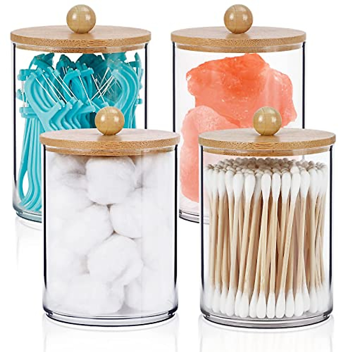 SGHUO 4 Pack 10oz Acrylic Qtip Holder Dispenser, Bathroom Organizer for Swab, Round Pads, Dental Floss Sticks Holder, Makeup Organizer with 4 Labels