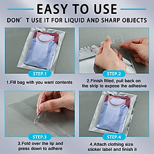 PerKoop 400 Pcs Clear Cellophane Plastic Shirt Bags Thick Self Adhesive Clear Shirt Bags for Packaging with 1400 Pcs Size Stickers 10"x13" Resealable Clothing Bags for Clothes Jeans Small Business