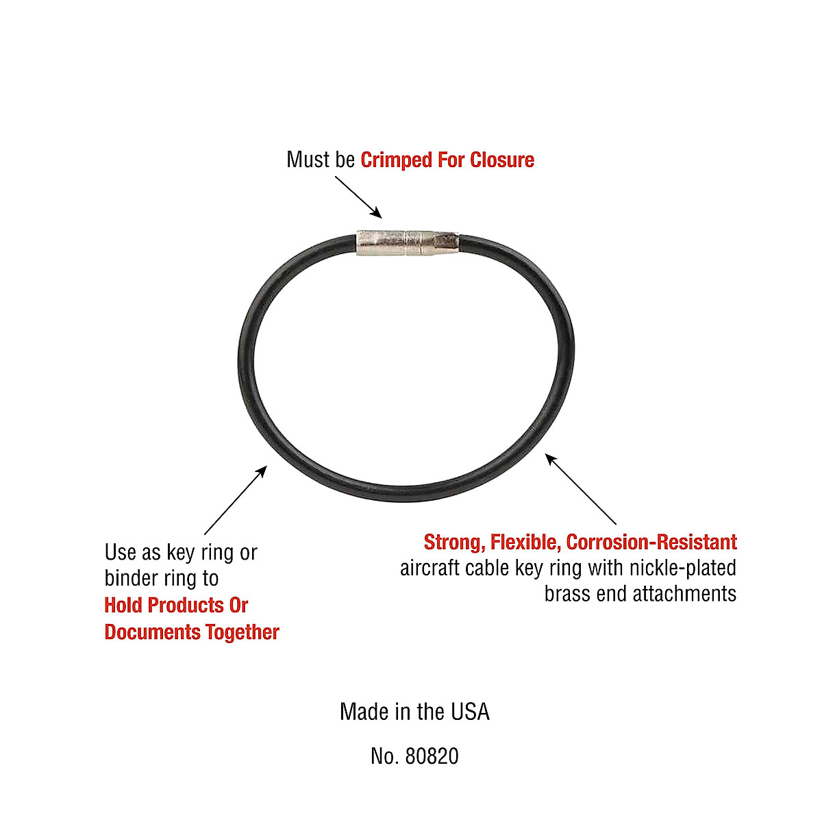 Lucky Line 4-1/2" Locking Cable Key Ring, Crimp to Permanently Close, Nylon Coated Steel Wire, Corrosion-Resistant, 25 Pack, Black (80820)