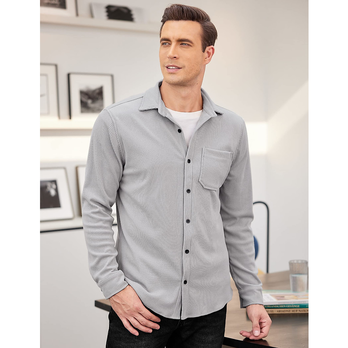 COOFANDY Men's Corduroy Jacket Stretch Camp Shacket Long Sleeve Warm Fleece Winter Shirts Grey