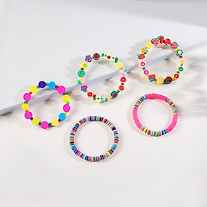CONRAN KREMIX Colorful Beaded Stackable Bracelets Set For Women SummerHeishi Stretch Bracelet Surfer Rainbow Smiley Face Bracelet Beach Accessories Y2k Jewelry