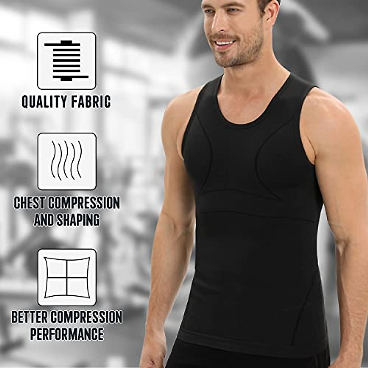 PODFAN Gynecomastia Compression Shirt for Men, Slimming Tank Top Undershirts, Mens Body Shaper Vest(Black,X-Large)