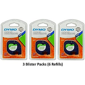 DYMO 10697 Self-Adhesive White Paper Labeling Tape for LetraTag (LT) Label Makers; 3 Blister Packs (6 Refills); Each with Two 1/2" Wide x 13ft Long (12mm x 4m) Refill Rolls