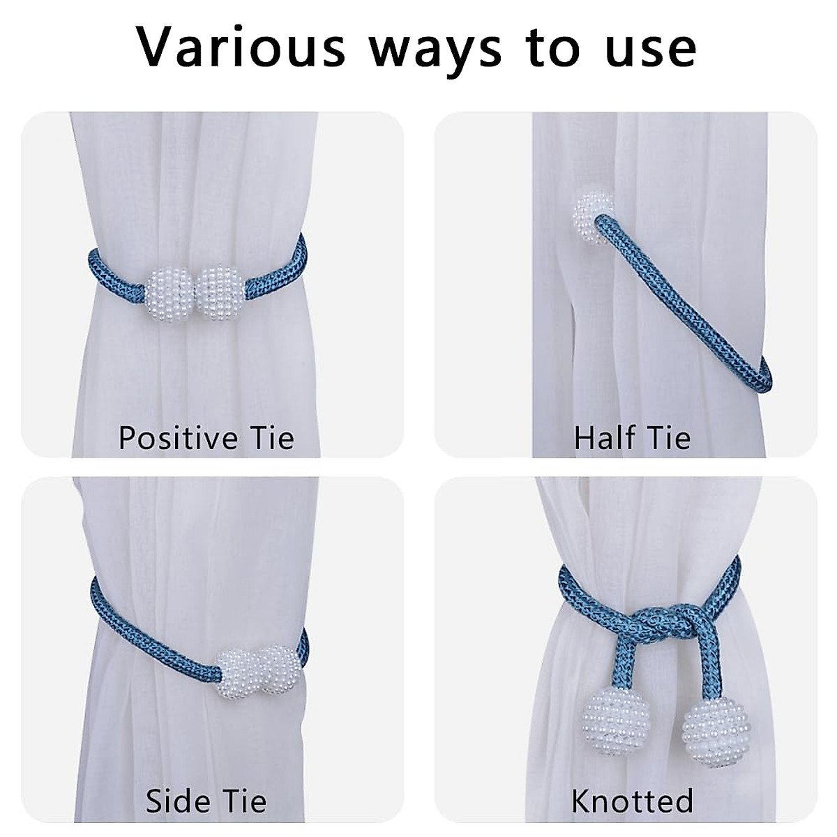 4PCS Magnetic Curtain Tiebacks Buckle Type Pearl Curtain Tie, Curtain Tie Rope Tie Without Drilling Free Installation（2*White and 2*Blue）