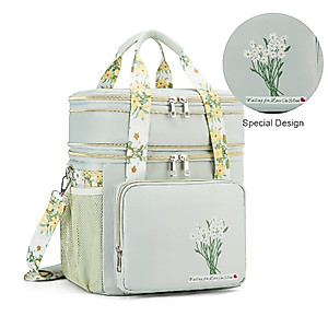 HSHRICH Insulated Lunch Bag for Women/Men, Dual Compartment Waterproof Reusable Large Lunch Box for Adlut Wide-Open Tote Cooler Bag For Working Picnic Hiking (16L, Green-Flowers)