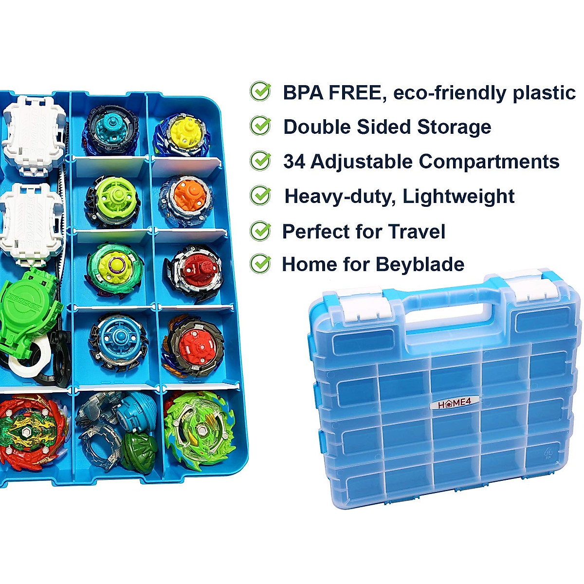 HOME4 Double Sided No BPA Toy Display Storage Container Box - Compatible with Mini Toys, Small Dolls, Tools Beyblade - Heavy Duty Organizer Carrying Case - 34 Adjustable Compartments (Blue)