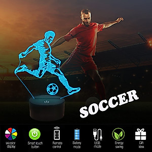 FULLOSUN Soccer Night Light, 3D Optical Illusion Lamp for Soccer Fan, Idea Birthday Xmas Gifts for Sport Fan Boys Girls with Remote Control 16 Color Change + Dim Function + 4 Flash Mode