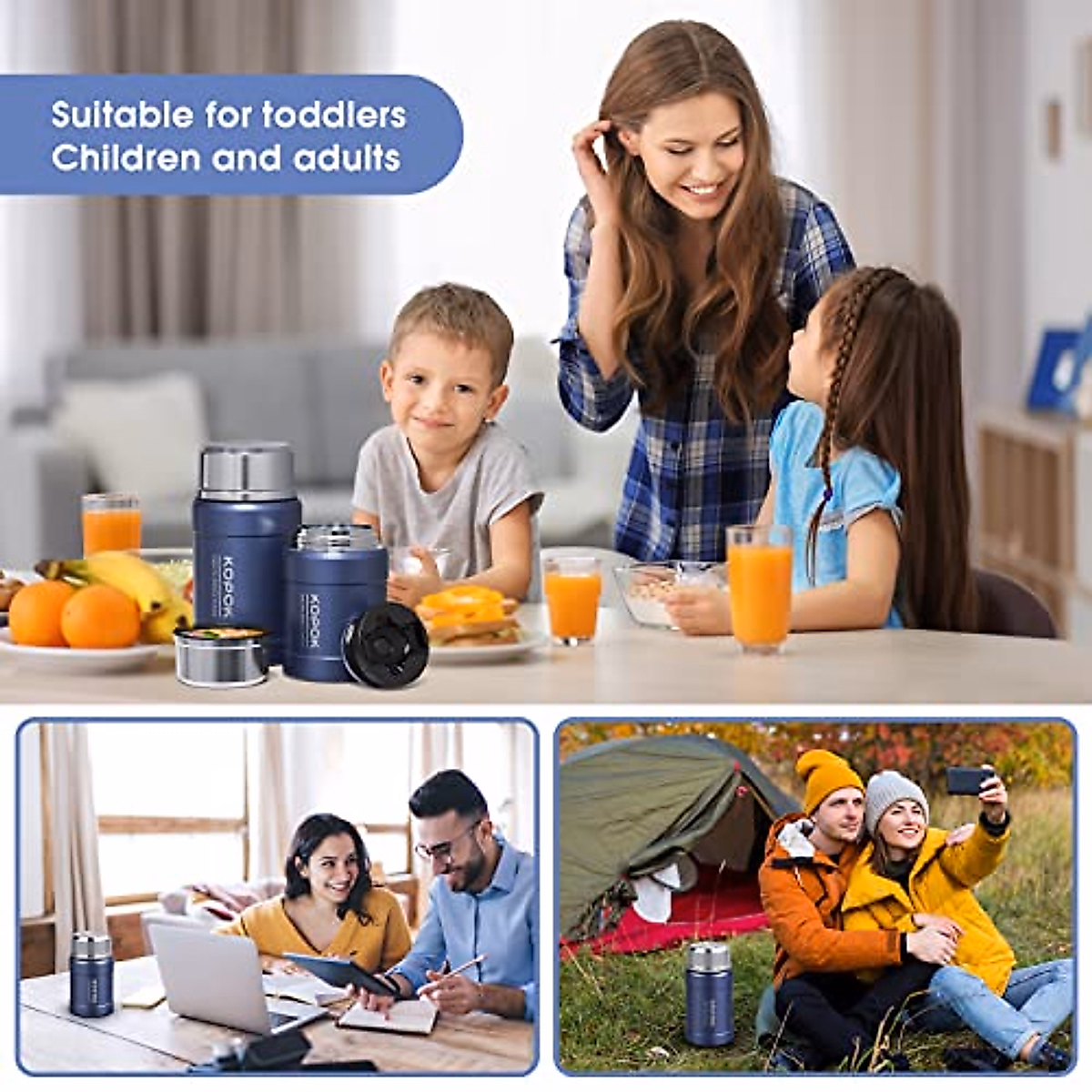 KOPOK Thermoses for hot food, soup thermoses, Insulated food Jar container for hot cold food, Stainless Steel Vacuum Lunch Box for Kids Adult with Spoon for Office Travel Outdoors (Blue(2 Pack))