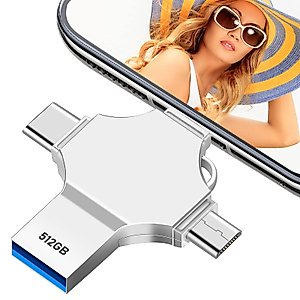 AOIRHLA 512GB USB 3.0 Flash Drive - 4 in 1 Memory Stick and Thumb Drive for Smartphones, Computers, Laptops, PCs, and Android - External Data Storage