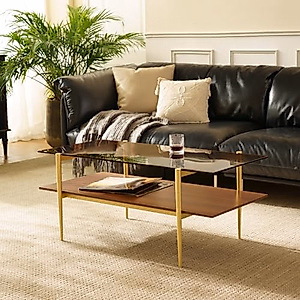 Saint Mossi Tadio Double Layer Glass Coffee Table for Living Room, Brown Glass & Coffee Brown MDF Bottom Shelf